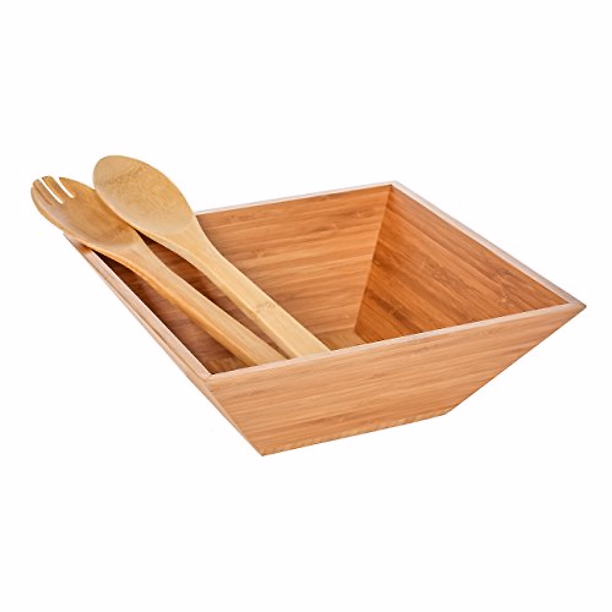 Heim Concept Bamboo Salad Bowl 4 PC Set w/Serving Hands, 2 square bowls & pair salad servers Eco-Friendly BPA Free