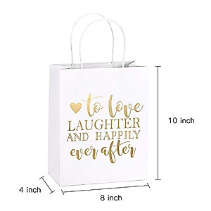 LaRibbons Medium Size Gift Bags - Gold Foil to Love Laughter and Happily Ever After White Paper Bags with Handles for Wedding, Birthday, Baby Shower, Party Favors - 12 Pack - 8" x 4" x 10"