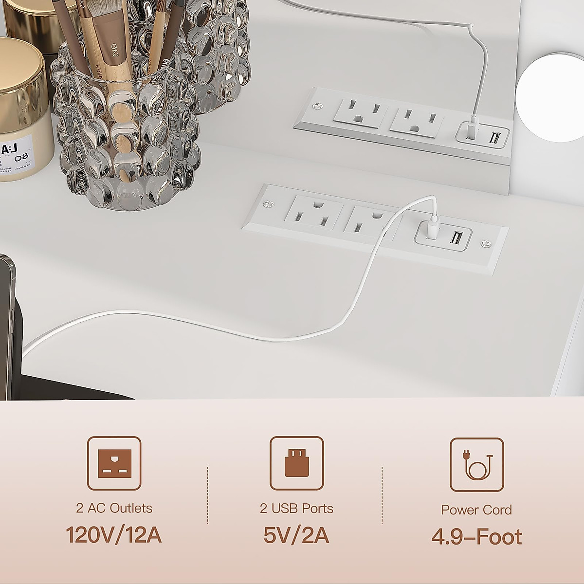 FIONESO 47.2" Large Vanity Desk with Mirror & 14 LED Lights, Makeup Vanity Table with 5 Drawers & Charging Station, Makeup Vanity Desk, 3 Lighting Colors, Dressing Vanity Table for Bedroom, White