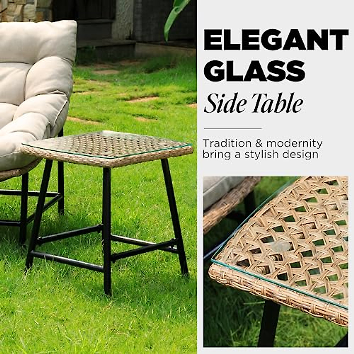 Idzo Caline Large Rattan Bistro Set Outdoor 3 Piece with Glass Side Table, Premium Olefin Thick Cushion, Upgraded 2000Hrs UV Resistant Wicker for Patio Use, Papasan Chair Design