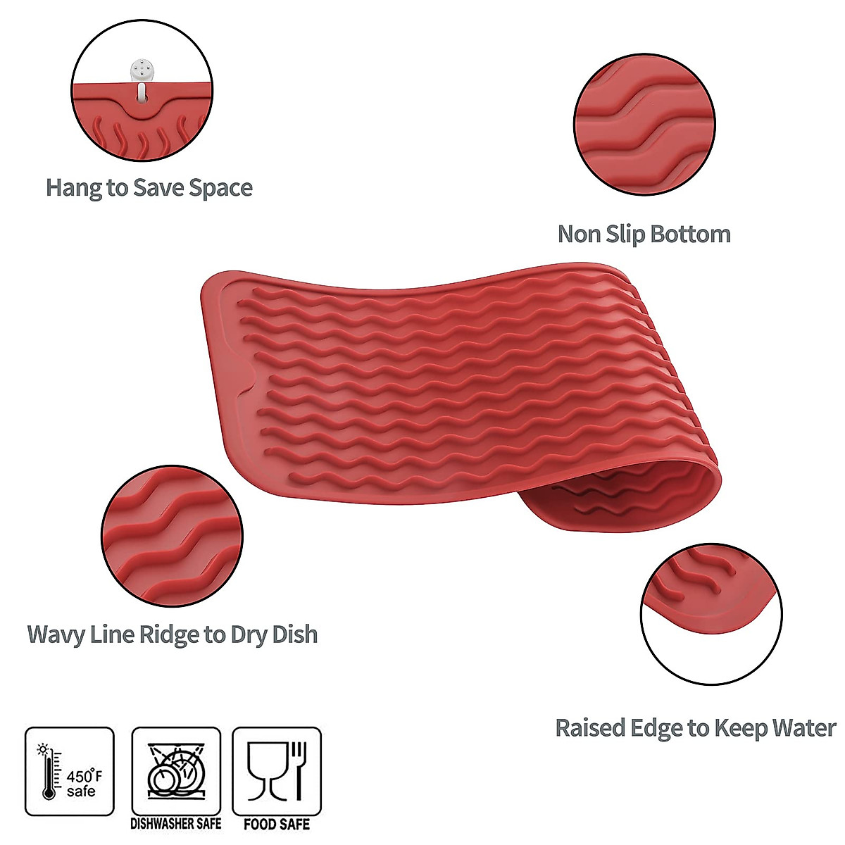 MicoYang Silicone Dish Drying Mat for Multiple Usage,Easy clean,Eco-friendly,Heat-resistant Silicone Mat for Kitchen Counter,Sink,Bar,Bottle,or Cup Red M 17 inches x 6 inches