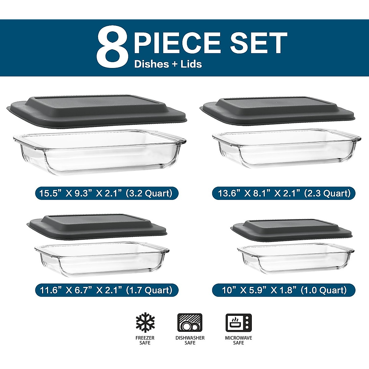 8-Piece Deep Glass Baking Dish Set with Plastic lids,Rectangular Glass Bakeware Set with BPA Free Lids, Baking Pans for Lasagna, Leftovers, Cooking, Kitchen, Freezer-to-Oven and Dishwasher, Gray
