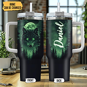 FOXCORNER Personalized Green Wolf Tumbler 40oz with Handle & Straw for Wolf Lovers, Wolfs Present for Men Women on Birthday Christmas, Custom Name Stainless Steel Travel Coffee Cup, Animal Lover Gifts