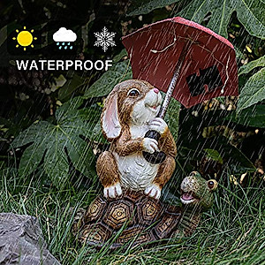 GIGALUMI Solar Garden Statue Outdoor Decor, Rabbit Siting on Turtle Holding an Umbrella with String Lights, Easter Bunny Statue for Patio, Lawn, Yard Art Decoration, Housewarming Garden Gift