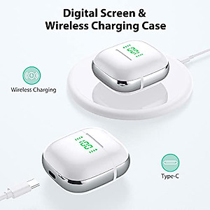 NUBBYO Bluetooth Headphones Wireless Earbuds 50Hrs Playtime with Wireless Charging Case Dual Power Display Ear Buds Touch Control Stereo Earphones in-Ear Earbuds with Mic for Phone TV Laptop White
