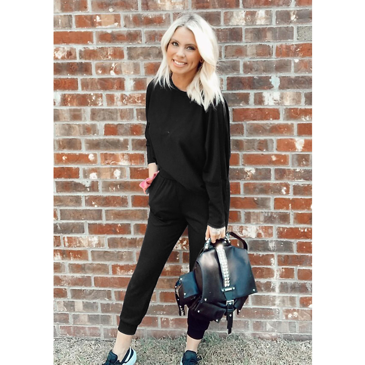 PRETTYGARDEN Women's 2024 Fall Fashion Outfits 2 Piece Sweatsuit Solid Color Long Sleeve Pullover Long Pants (Black,Medium)