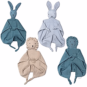 Tudomro 4 Pcs Organic Cotton Muslin Lovey Blanket Muslin Loveys for Babies, Bunny Lion Soft Breathable Security Blanket Lovies for Babies, Baby Gifts for Boys Girls (Gray, Khaki, Dark Green, Teal)