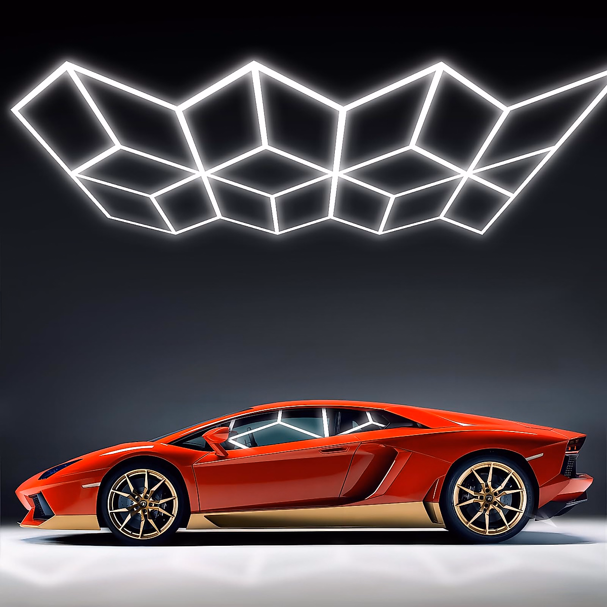 ALL4DETAIL Car Detailing Hexagon Garage Light, 6500K 42570LM LED Ceiling Lights Heaxgon Lighting System with Extended Copper Needle, 15.99 × 7.96ft