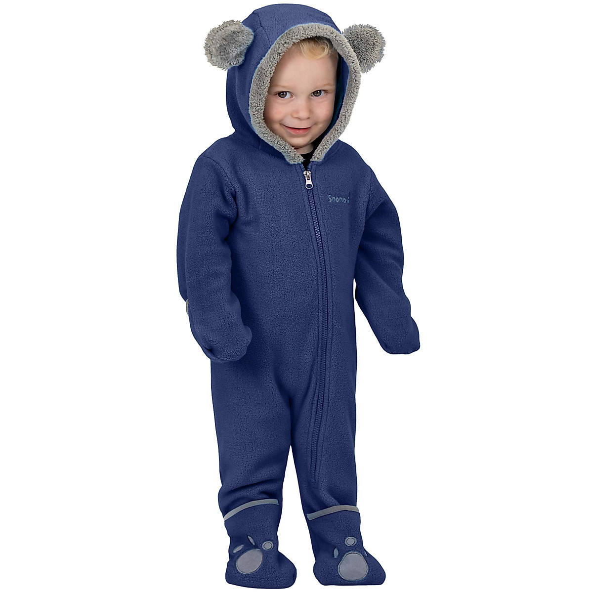 Snonook Fleece Baby Jacket - Winter Suit Bunting Bodysuit with Fold Over Mittens & Footies, Hooded & Zipper Down, Soft Cozy Warm Jumpsuit for Infants, Midnight Navy, 12/18 months