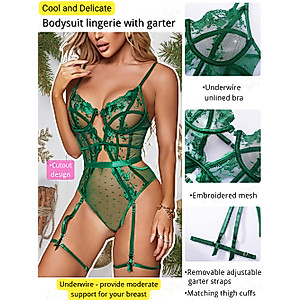 Kaei&Shi Bodysuit Lingerie for Women,Plunge Underwire Floral Lace Teddy Lingerie,Sexy Cutout Thong One Piece Body Suit with Garter St Patricks Dark Green Medium