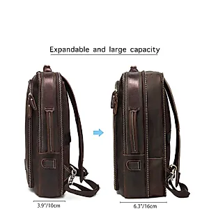 LANNSYNE Men's Full Grain Leather Expandable 15.6 Laptop Backpack Tote Shoulder Travel Bag Rucksack