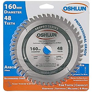 Oshlun SBFT-160048 160mm 48 Tooth FesPro Crosscut ATB Saw Blade with 20mm Arbor for Festool TS 55 EQ, DeWalt DWS520, and Makita SP6000K