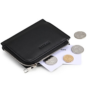 HISCOW Metal Zipper Slim Sector Wallet with 2 Card Slots - Italian Calfskin (Black)