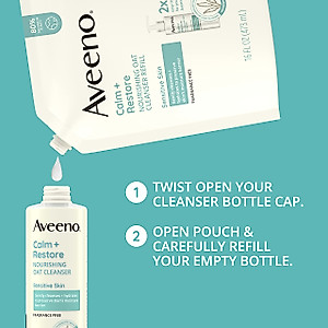 Aveeno Calm + Restore Nourishing Oat Facial Cleanser for Sensitive Skin, Gentle Face Wash with Nourishing Oat & Calming Feverfew, Hypoallergenic, Fragrance-Free, Refill Pouch, 16 fl. oz