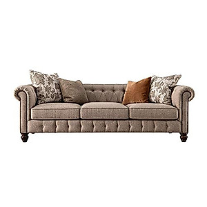 Acanva Chesterfield Tufted Sofa with Scroll Arms, Nailhead Trim Linen Upholstered, 89" W Couch, Brown