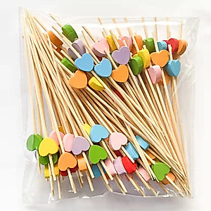 100 Pack Fruit Toothpicks, Heart-Shaped Bamboo Cocktail Picks, Natural Bamboo Toothpicks for Appetizers Fruit Cake Dessert Barbecue Snacks Sandwiches (Multicolor)