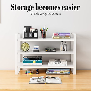 hodiczk Upgraded Small Desk Shelf Organizer with Tiers, Cute Desktop Organizer Shelf Storage, Kawai Desktop Bookshelf Hutch for Dorm, Home, School, Office (White Rack White Frame, 3 Layer)
