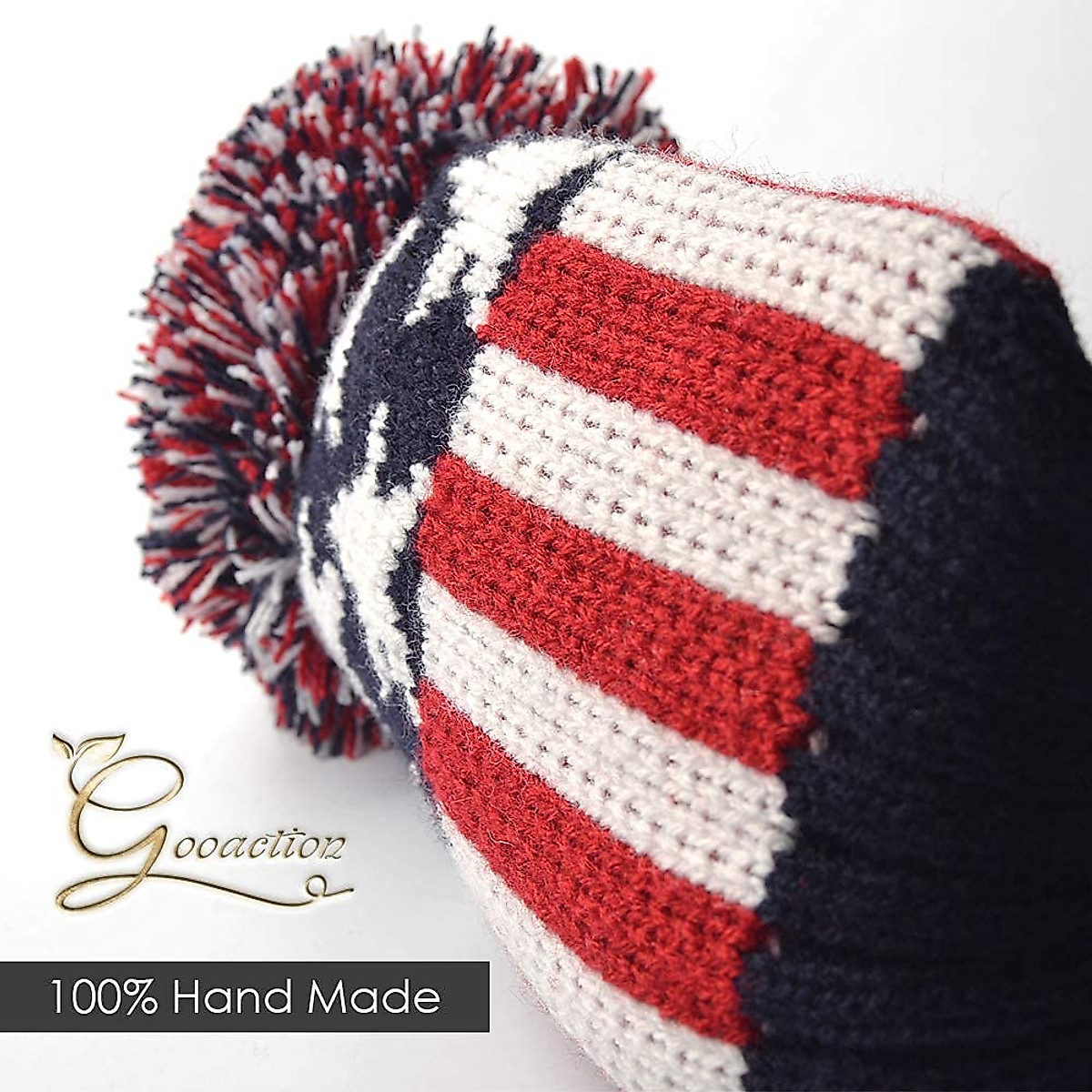 GOOACTION 3PCS Knitted Golf Head Covers 1-3-5 for Driver and Fairway Woods with Long Neck Design Vintage Red Stars and Stripes American Flag Sock Pom Pom Golf Club Patriotic Headcovers Set