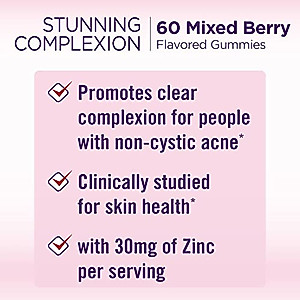 Nature's Bounty Stunning Complexion Skin Care Dietary Supplement Gummies Optimal Solutions, 30 mg Zinc, Mixed Berry Flavor, 60 Count