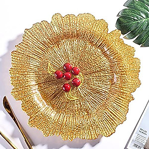 WUWEOT 12 Pack 13" Gold Charger Plates, Plate Chargers with Flora Reef Design, Plastic Round Ruffled Rim Dinner Charger Plates for Dinner Wedding Party Decoration