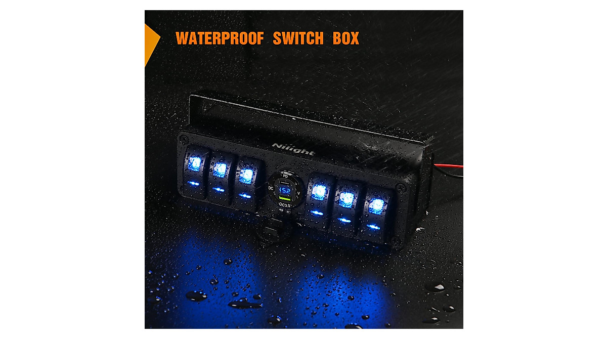 Nilight 6-Gang Rocker Switch Box with USB & Voltmeter | Waterproof 12V