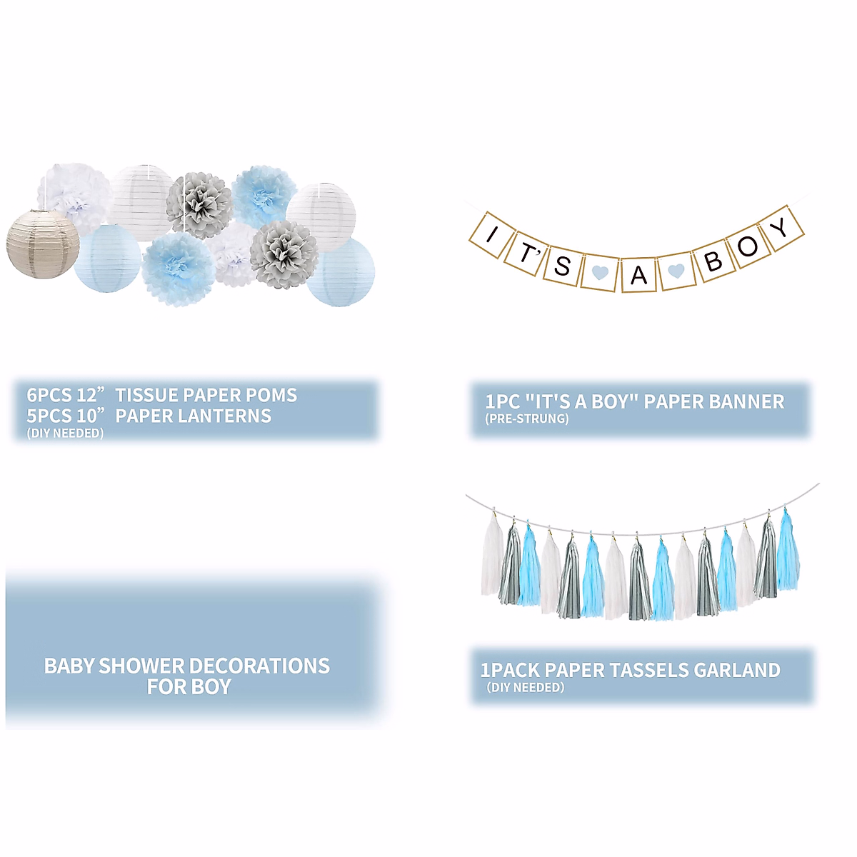 Baby Shower Decorations Boy (Blue, White, Grey)- It's A Boy Banner, Tissue Paper Poms, Paper Lanterns and Tassels Garland- Baby Boy Gender Reveal Birthday Party Decorations