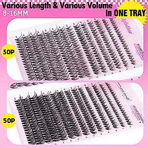 Lash Extension Kit 30D&50D Eyelash Extension Kit D Curl Lash Clusters Kit with Lash Bond and Seal 560 Pcs Natural Lashes Extension Kit with Lash Tweezers by Calphdiar (30D+50D-D-8-16MIX KIT)