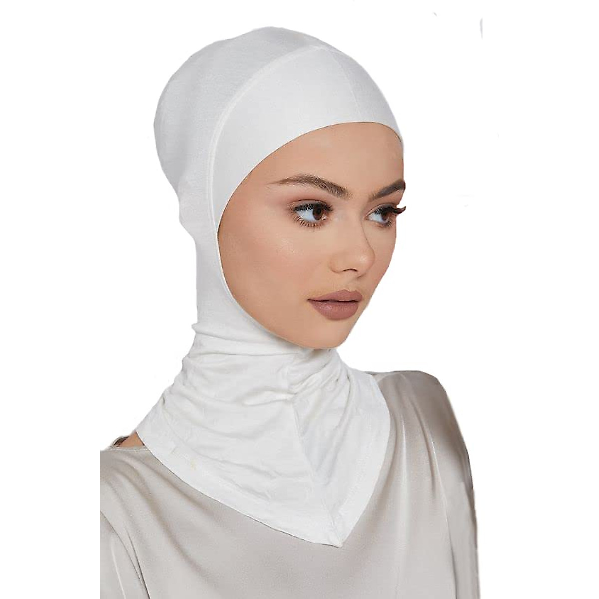 LMVERNA 2 Pieces Modal Hijab Cap Adjustable Muslim Stretchy Turban Full Cover Shawl Undercap Full Neck Coverage for Women (White+Light khaki)