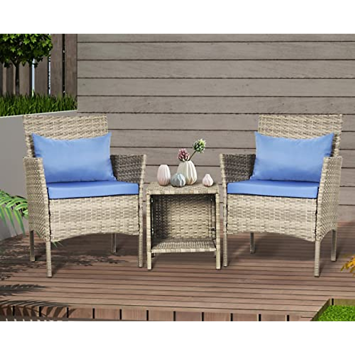 Patio Porch Furniture Sets 3 Pieces Rattan Wicker Chairs with Table and 2 Pillow Outdoor Garden Furniture Sets Conversation Chair Set