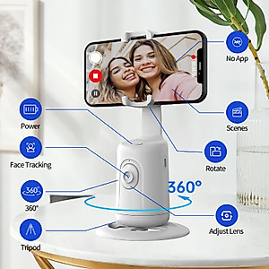 Auto Face Tracking Phone Holder with Remote, 360°Rotation Following Face Body Smart Shooting Tracking Tripod Smartphone Camera Stand for Live Vlog,Tiktok,Rechargeable Battery,No App, White