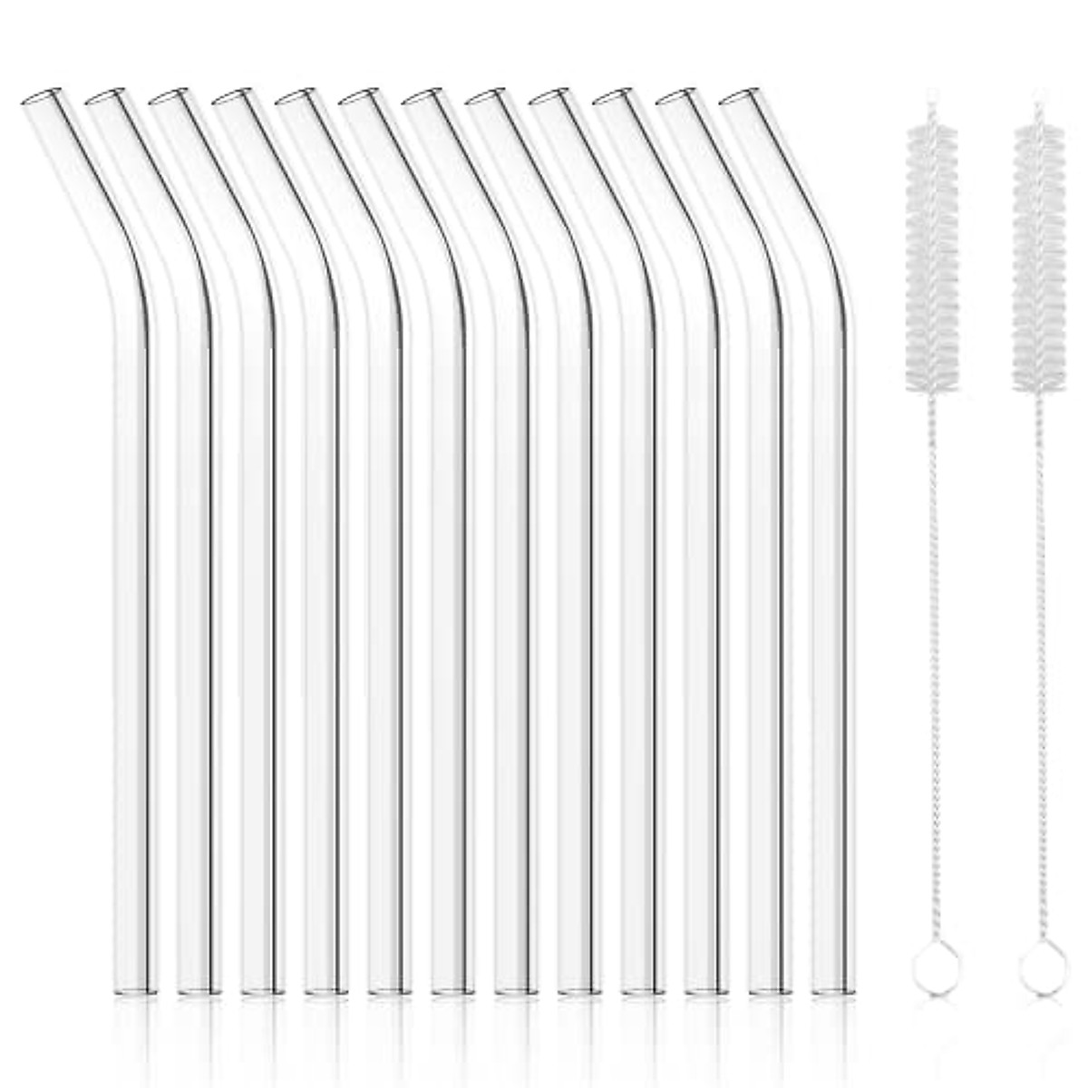 Antner 12 Pack Reusable Glass Straw, 8.5" x 10MM Bent Clear Glass Drinking Straws for Hot & Cold Drinks, 2 Cleaning Brushes Included
