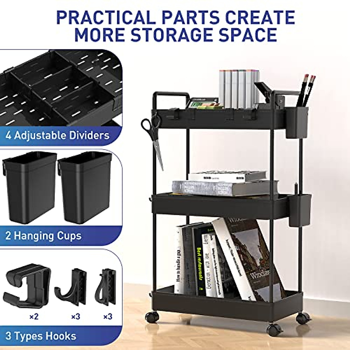 Ronlap Slim Storage Cart, 3 Tier Utility Rolling Cart with Wheels Lash Cart Organizer Small Slide Out Mobile Storage Cart with Hanging Cup Divider for Bathroom Laundry Room Kitchen Narrow Place, Black