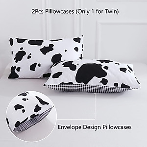 PERFEMET Cow Print Bedding Comforter Set Queen Size Black and White Reversible Geometric Checkered Bedding Set for Kids Teens Boys Girls Rustic Animal Cowhide Pattern Bed Quilt Set