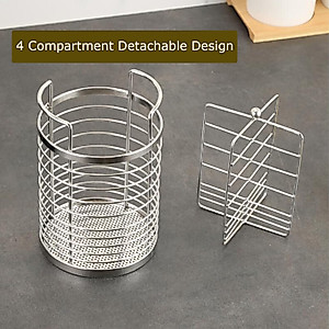 BESSKON Kitchen Utensil Holder for Countertop, 4 Compartment Stainless Steel Cooking Utensils Holder for Spatula, Spoon and Fork, Cutlery Silverware Caddy Party Picnic Flatware Holder 4.1" x 6.2"
