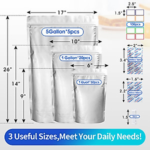 15 Mil 5 Gallon Mylar Bags for Food Storage with 2500cc Oxygen Absorbers - 55 Pack Mylar Bags 5 Gallon,1 Gallon,1 Quart 3 Size, 100 Pcs Labels and 500cc Oxygen Absorbers for Long Term Food Storage