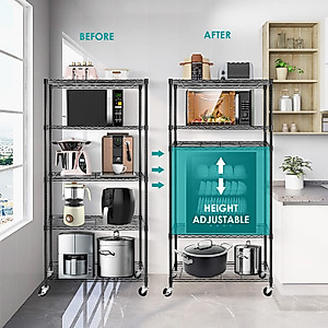 5 Tier Wire Shelving Rack with Wheels, 5 Tier Black Shelving Unit with NSF Certified, Adjustable Rolling Storage Metal Shelves, 18"D X 35.5"W X 71"H, 330Lbs Capacity, For Kitchen, Pantry, Garage