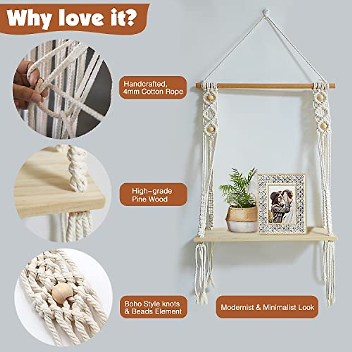 Axgo Macrame Hanging Shelves, Handmade Bohemian Woven Hanging Shelves Macrame Wall Hanging Shelf 16" x 6" Boho Wall Decor for Books Photos Collectibles Small Plants Perfumes