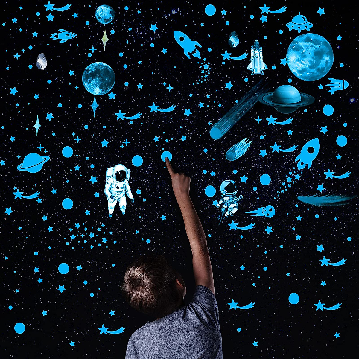 408 Pieces Glow in The Dark Space Wall Stickers Glowing Stars Wall Decals Luminous Spaceship Planet Astronaut Stickers Wall Decals for Kids Bedroom Decor