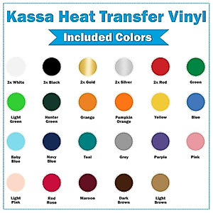 Kassa 30-Piece Heat Transfer Vinyl Sheets | 23 Colors in 12" x 10", Teflon Sheet & Weeding Tool Included | Compatible with All Cutting Machines | Ideal for Pressing on T-Shirts, Clothing & Textiles