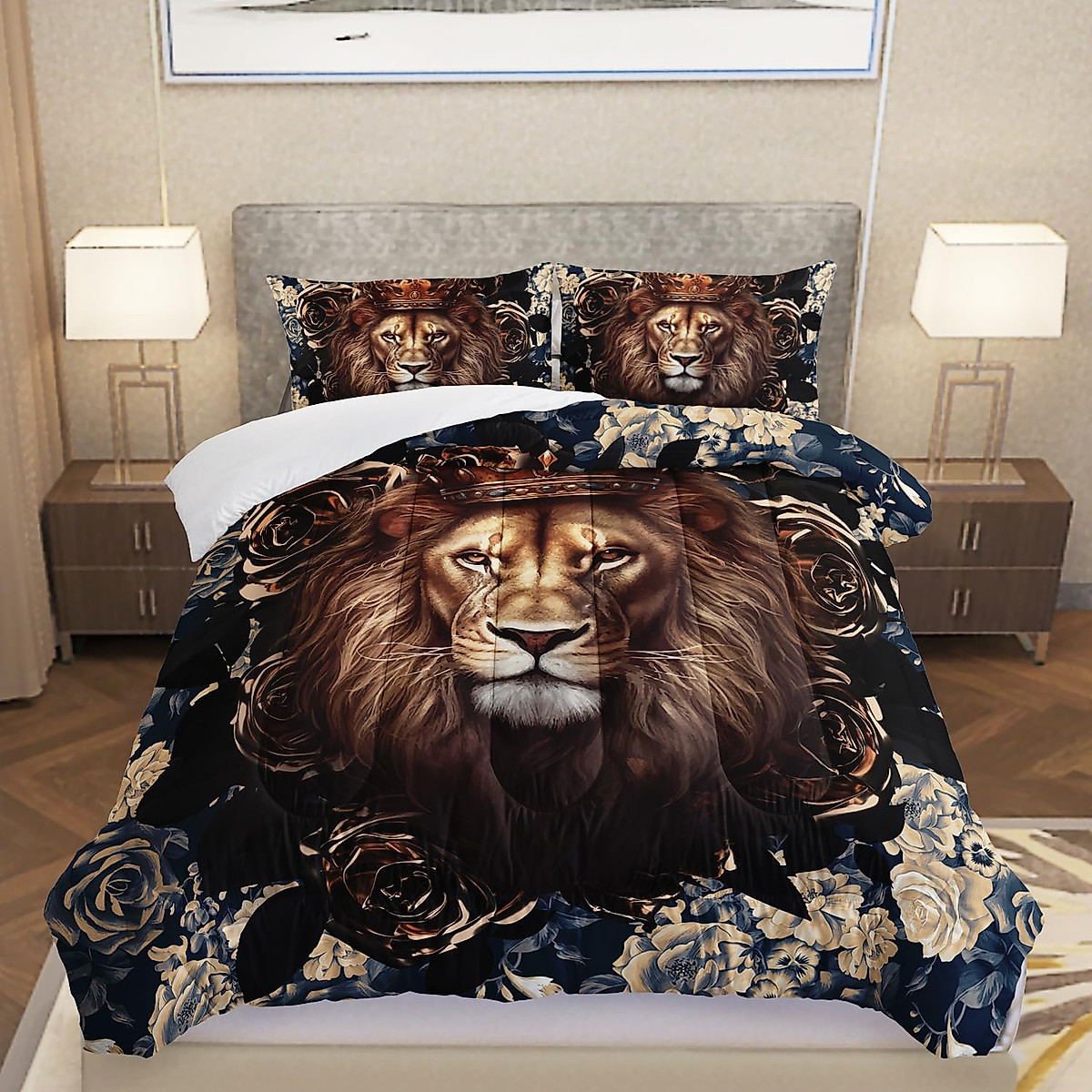 AILONEN 3D Lion King Comforter Set Queen Size, 3D Gold Rose Bedding Set,African Safari Animals Fitted Bed in a Bag for Kids Teens,Crown Lion Duvet Set,1 Quilt and 2 Pillowcases,3 PCS