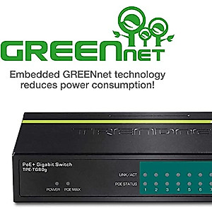 TRENDnet 8-Port Gigabit PoE+ Switch, 8 x Gigabit PoE+ Ports, 123W PoE Power Budget, 16 Gbps Switching Capacity, Desktop Switch, Ethernet Network Switch, Metal, Lifetime Protection, Black, TPE-TG80G