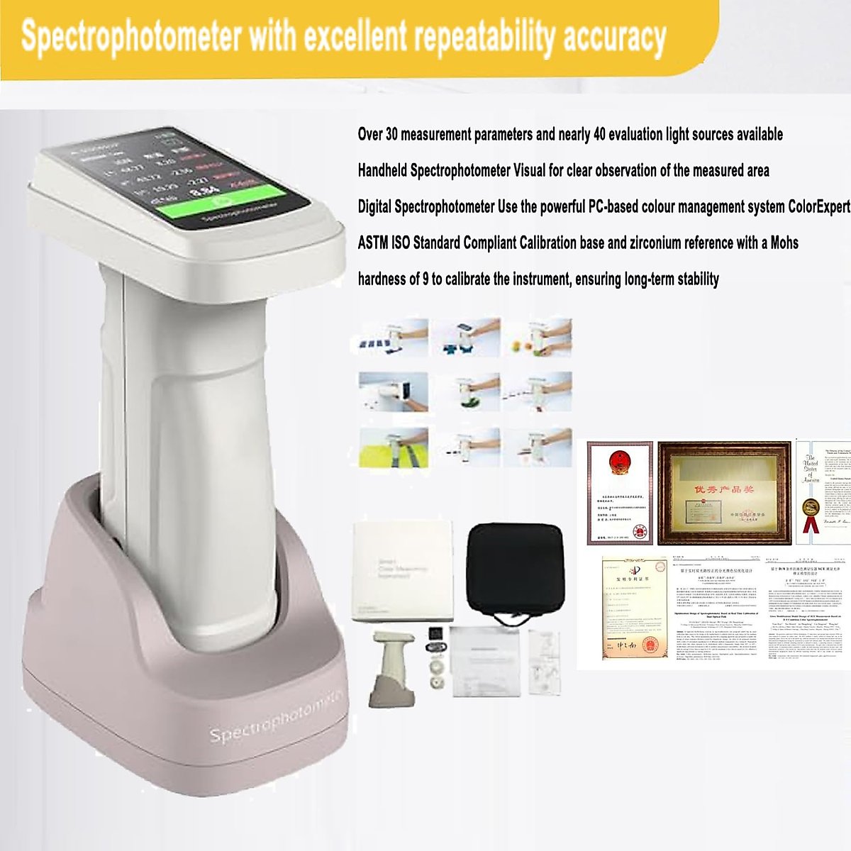 VTSYIQI Spectrophotometer Portable Spectrophotometer D/8 Spectrocolorimeter with Accuracy 0.04 Aperture Φ8mm Φ11mm 10000 Data Storage Ultra high Repeatability Auto Calibration for Printing ASTM ISO