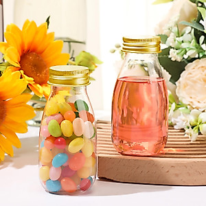 Roshtia 30 Pack 4oz 120ml Plastic Mini Milk Bottles Bulk Juice Shot Bottles with Lids Small Beverage Drink Containers for Restaurants Desserts Milk Iced Milkshakes Homemade (Gold)