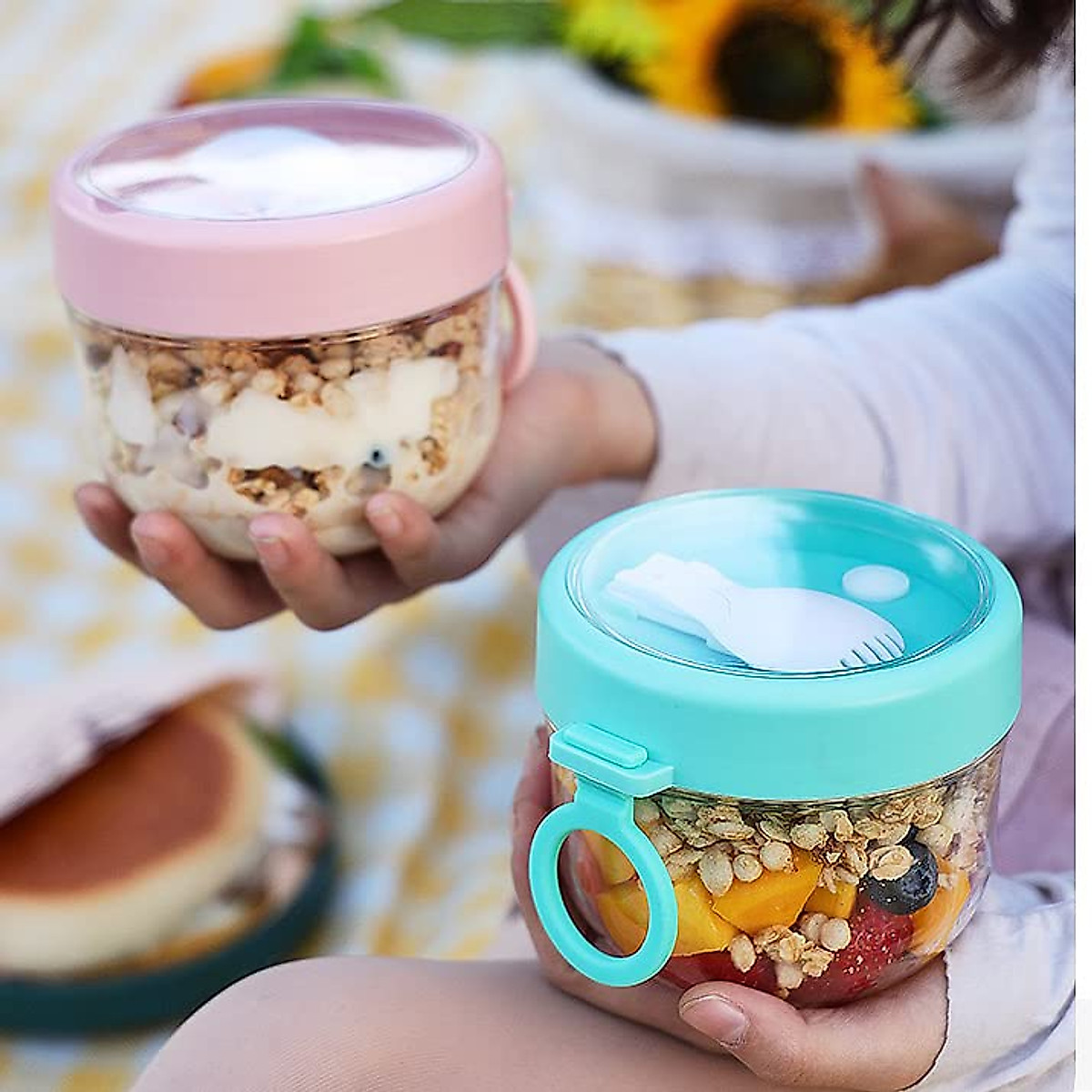 Portable Overnight Oats Containers with Lids and Spoon, Overnight Oats Jars for Breakfast, MealPrep Jar Airtight, 20 OZ, Large, Airtight, Set of 2