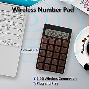 Seaciyan Wireless Number Pad, Ergonomic Cute Mini Portable Digital Keyboard, Cordless External Numeric Keypad with Financial Accounting Calculator (Brown)