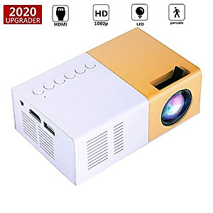 ASHATA Portable LED Projector,Home Cinema Projector Support 1080P HD Displaying,Mini Stylish HD Projector Support HDMI, AV, VGA, USB, Micro SD Input and 3.5mm Earphone Port(White + Yellow)