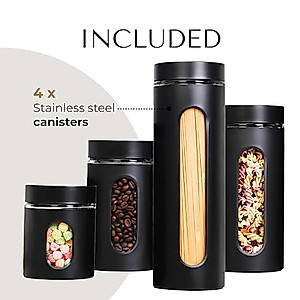JS Gourmet 4 Pcs Stainless Steel Canisters Set for Kitchen with Glass Window and Airtight Lid, Perfect for Storing Coffee, Spaghetti, Sugar, Beans and Dry Ingredients (Black)