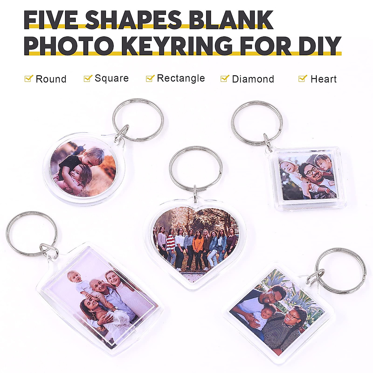 Mardatt 40Pcs Clear Acrylic Blank picture Photo frame keychain Personalized photo insert keychain bulk, Rectangle, Heart-Shaped, Round, Square and Rhombus Great for Personalized Keychains DIY Gift