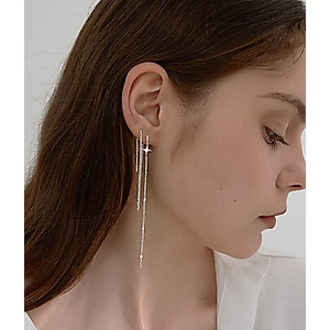 SLUYNZ 925 Sterling Silver Star Long Dangle Earrings Chain for Women Teen Girls Line Dangle Earrings Tassel Threader Chain (A-Silver)