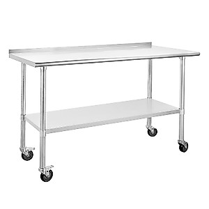 Chingoo Stainless Steel Table with Wheels 24 x 60 Inches Metal Prep Table with Backsplash & Adjustable Undershelf, Stainless Table for Commercial Kitchen, Outdoor, Restaurant, Hotel & Garage